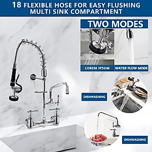 MYWHITENG Commercial Kitchen Faucet with Sprayer, 8 Inch Adjustable Wall Mounted Restaurant Faucets 12" Spout Pull-Down PreRinse Faucet 25” Height Suitable for 1, 2 or 3 Compartment Sink (Solid Brass)