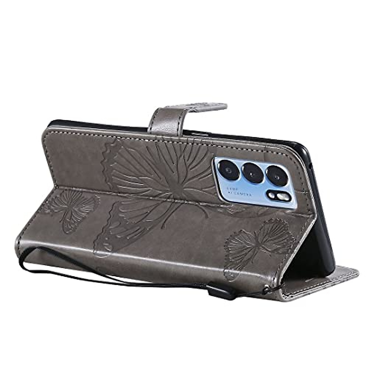 SATURCASE Case for Oppo Reno 6 Pro 5G, Butterfly Embossing PU Leather Flip Magnet Wallet Stand Card Slots Hand Strap Protective Cover for Oppo Reno 6 Pro 5G (Gray)