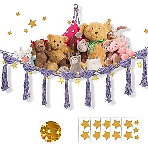 Salamanda Stuffed Animal Net or Hammock with wall decal and star LED Light, Boho Toy Hammock Hanging Stuffed Animal Storage Net Organizer Holder for Bedroom, Nursery (B-Purple)