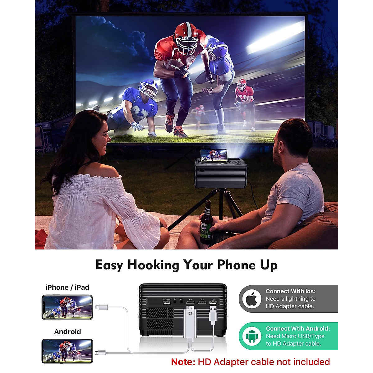 Mini Projector for iPhone, 1080P Bluetooth DVD Projector with Built in DVD Player with 120 inches Screen, Led Portable Video Projector for Outdoor Family Movie Night Compatible Phone/HD/USB