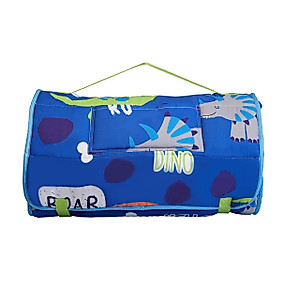 EVERYDAY KIDS Nap Mat with Removable Pillow - Roarin' Dinos - Carry Handle with Straps Closure, Rollup Design, Soft Microfiber for Preschool, Daycare, Travel Sleeping Bag - Ages 3-6 Years