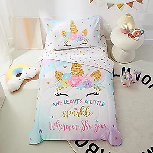 PINNKKU 4-Piece Toddler Bedding Set, Bed-in-a-Bag Comforter Set, Includes 1 Flat Sheet, 1 Fitted Sheet, 1 Comforter and 1 Reversible Pillowcase, Standard Toddler Comforter & Sheet Set, Unicorn