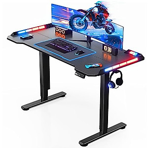 Gaming Desk with LED Lights & APP Control, 48" x 24" Gaming Table with Music Sensing, Underdesk Cable Storage Electric Standing Desk, Black Carbon Fiber PC Desk for Gaming and Home Office