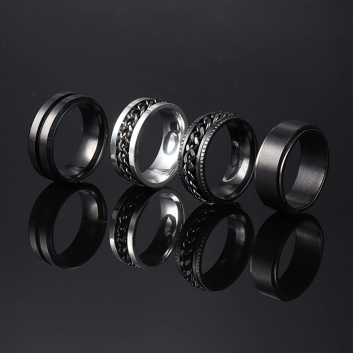 SAILIMUE 6 Pcs 6/8 MM Black Spinner Rings for Men Women Stainless Steel Fidget Ring Anxiety Stress Relieving Cool Chain Fashion Ring Set Wedding Promise Band Rings Size 9