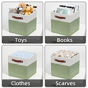 HNZIGE Fabric 11x11 Cube Storage Bins, Set of 4, Foldable Storage Cube Bin Baskets for Shelves with Handles, Bins for Cube Organizer Home Toy Nursery Closet(Green White)