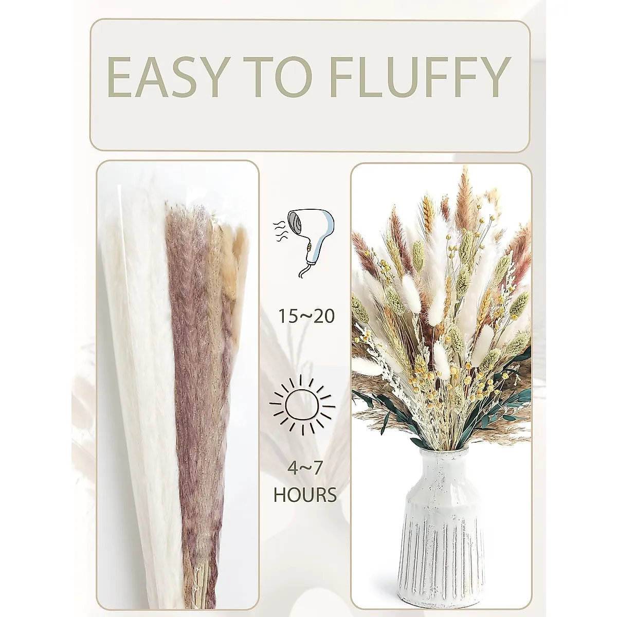 126pcs Dried Pampas Grass Decorations, Dried Flowers, Dried Bouquet in Vase, Reed Grass Bouquet for Bohemian Floral Home Wedding, Table Centerpieces, Rustic Farmhouse Decor. (Vase Not Included)