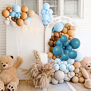 RUBFAC Blue Brown Balloon Garland Arch Kit, 142pcs Bear Baby Shower Decoration for Gender Reveal and Birthday Party Decoration, Jungle and Boho Theme Party Decoration