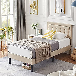 VECELO Twin Size Upholstered Bed Frame with Height Adjustable Fabric Headboard, Heavy-Duty Platform Bedframe/Mattress Foundation/Strong Wood Slat Support/No Box Spring Needed, Beige