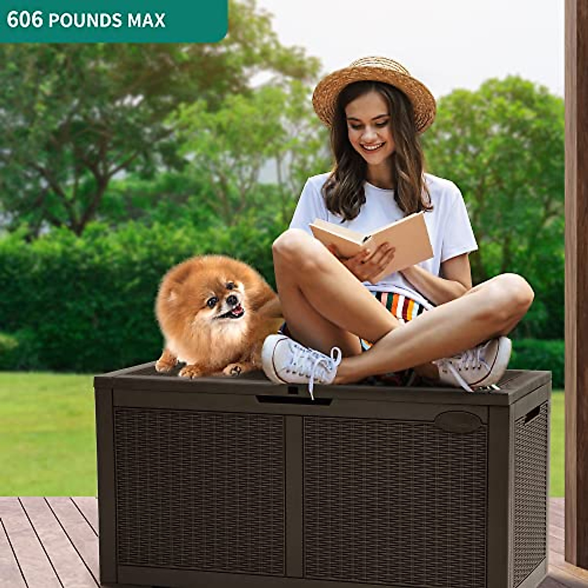 YITAHOME 100 Gallon Large Deck Box w/Storage Net, Resin Outdoor Storage Boxes, Waterproof Patio Cushion Storage Bench for Patio Furniture, Pool Supplies, Garden Tools- Rattan,Lockable (Dark Brown)