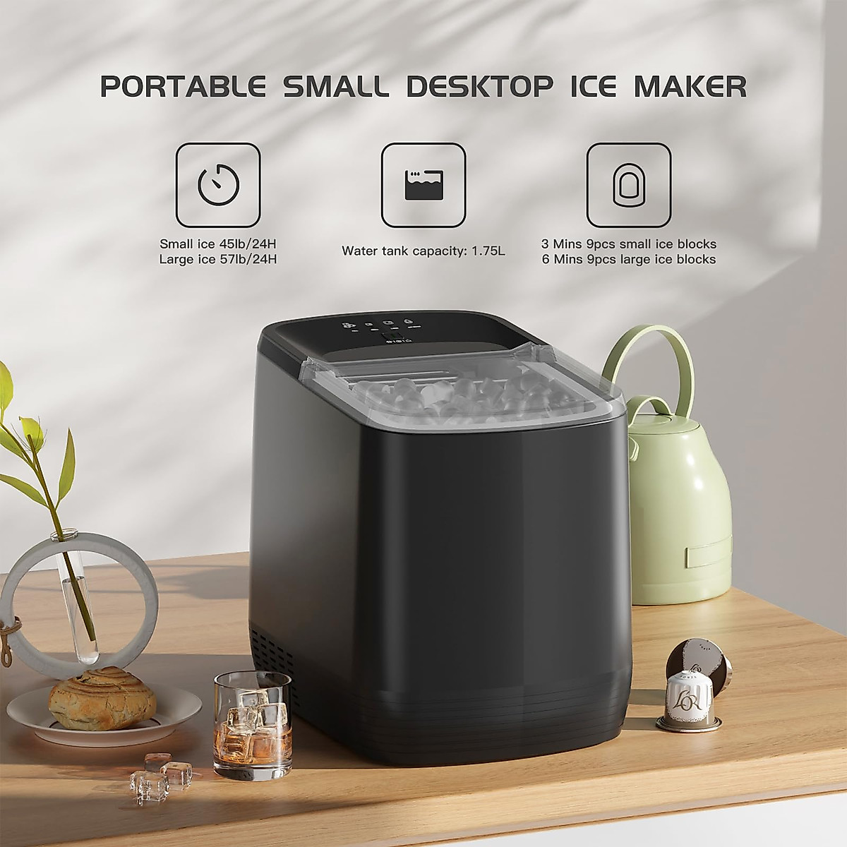 Portable Ice Maker Countertop with Self-Cleaning, 45lbs/24H, Bullet Ice Fast Making in 3.5 Mins, Compact Ice Machine with Ice Scoop/Basket, Perfect for Home Kitchen Party Camping Bar Office Outdoor RV