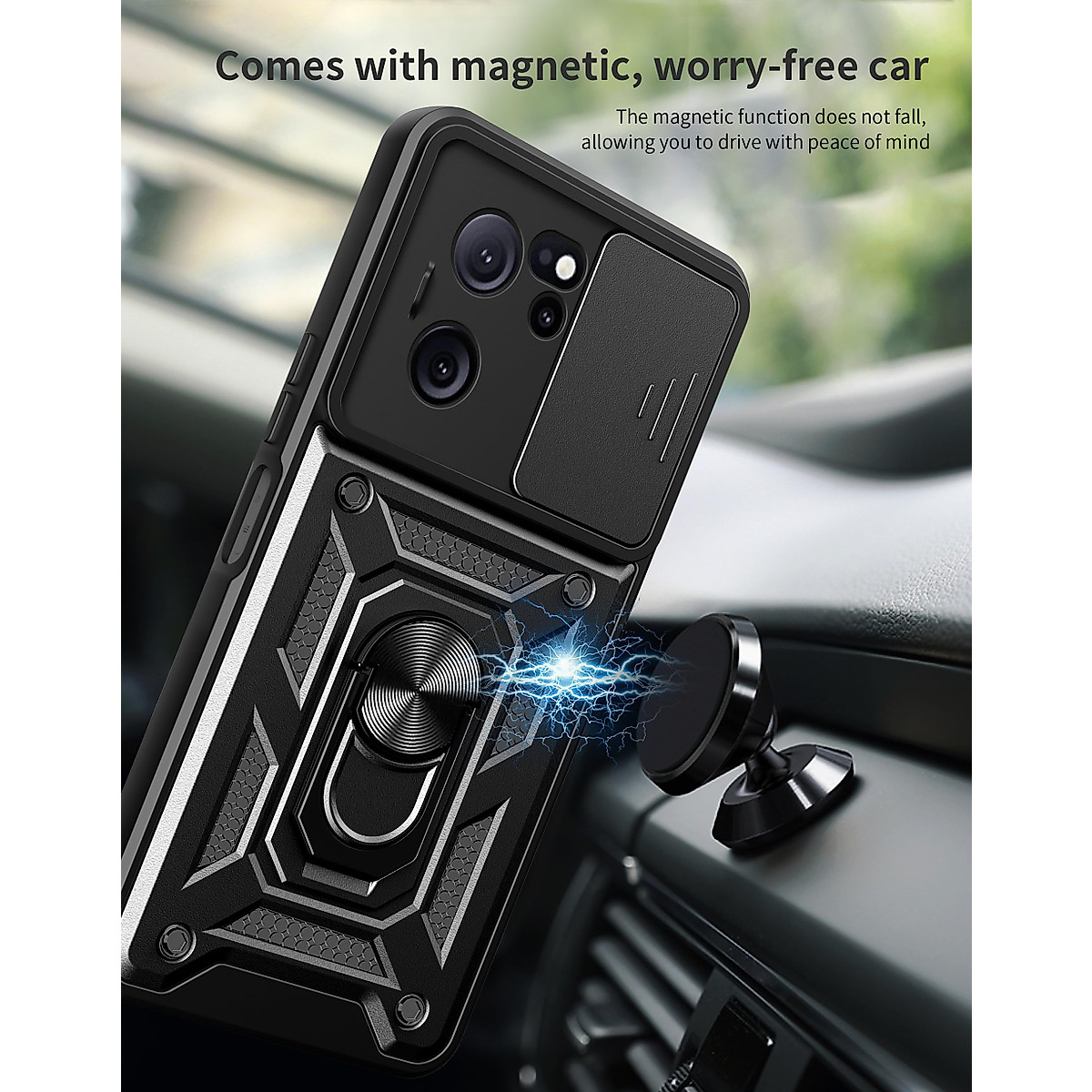 Kainevy for Xiaomi 13T Pro Case Heavy Duty with Camera Protective Cover Xiaomi 13T Pro Case Shockproof with Ring Magnetic Stand Black Aesthetic Cool for Men Boys Durable Case (Black)