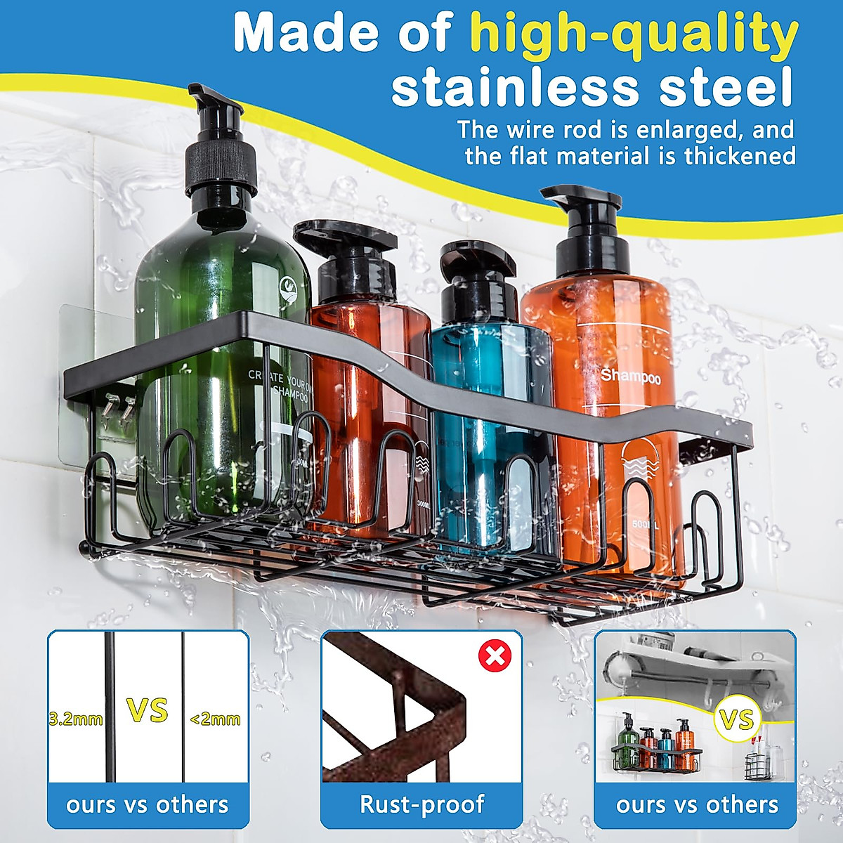 ChicChicHomes Shower Caddy 4 Pack, No Drilling Adhesive Wall Mounted Shower Organizer for Bathroom Storage&Kitchen, Large Capacity Rustproof Stainless Steel Shower Shelf, Ruggedized, Black