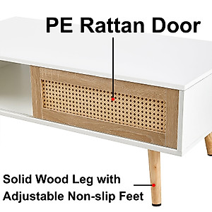 Mid Century Modern Coffee Table with Storage, 41.3 Inch Rectangle Wooden Accent Center Sofa Table with Sliding PE Rattan Woven Door Panel and Solid Wood Legs, Suitable for Living Room, Apartment