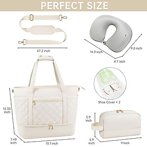 Weekender Bag for Women, 3 pcs Set Expandable Travel Duffel Bag with Toiletry Bag and Neck Pillow, Carry on Tote Overnight Bag with Shoe Compartment & Wet Pocket, Sports Gym Hospital Bag, Beige