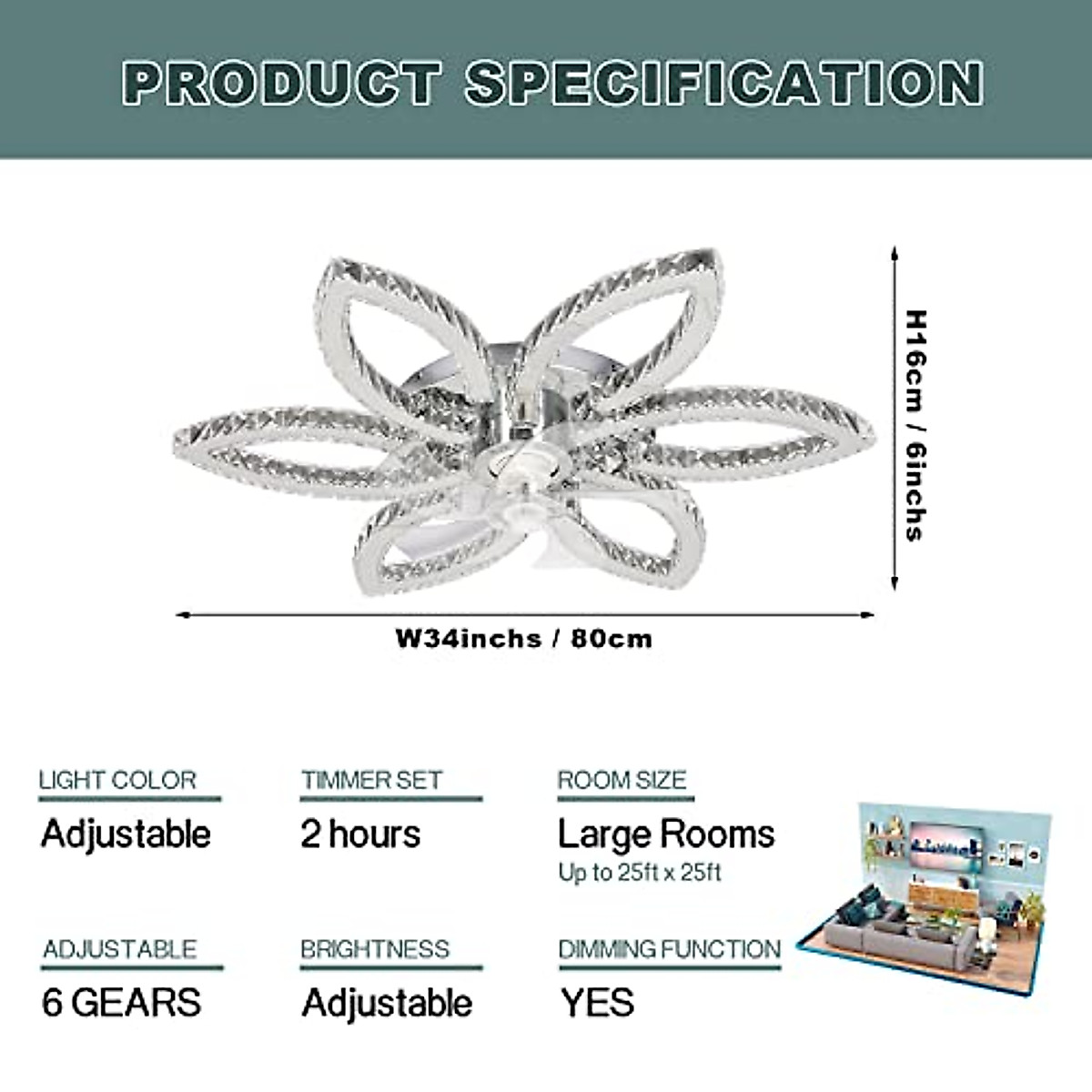 BOMIFANL Crystal Ceiling Fans with Lights,34" bladeless Ceiling Fan with Light,6-Speed Low Profile Ceiling Fan, Dimmable LED Fan Chandelier for Living Room Bedroom