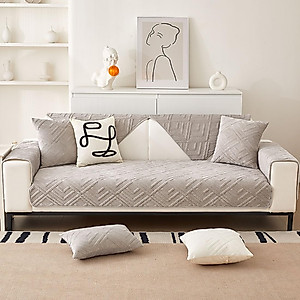 vctops Luxury Velvet Plush Couch Sofa Cover Geometric Quilted Sectional Couch Covers Anti-Slip Sofa Slipcovers for Dogs Cats Kids Loveseat Recliner L Shaped Armrest Backrest (Light Grey,43"x82")