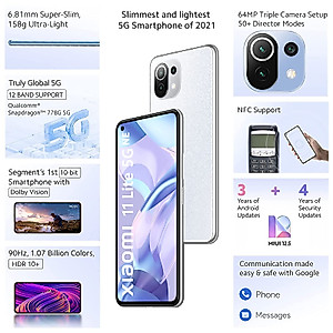 Xiaomi Mi 11 Lite 5G NE Unlocked Cellphone, 5G + 4G LTE Volte Smartphone,8GB + 128GB,White