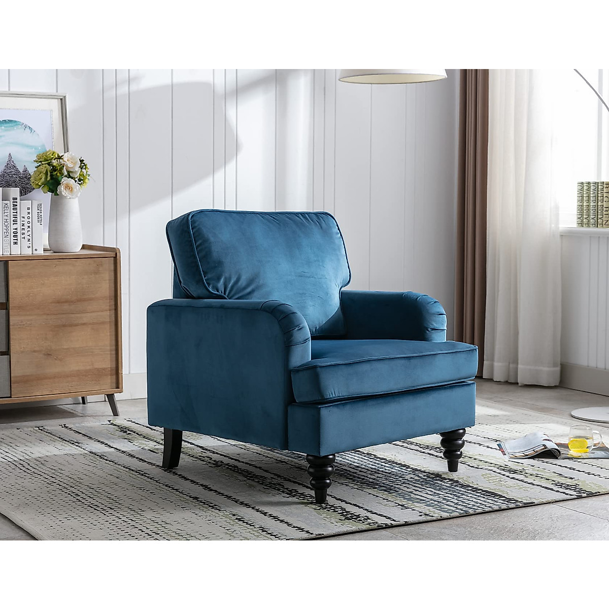 Kmax Accent Chair Velvet Modern Arm Sofa Chair Comfy Single Club Chair with Thick Cushion for Living Room Bedroom, Blue