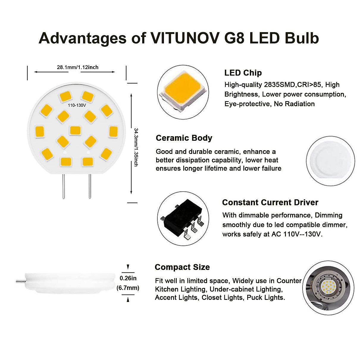 VITUNOV G8 LED Puck Light Bulbs, 3W Equivalent to 20W-25W Halogen Bulb, T4 JCD Type Bi-Pin Base, 120V Warm White 3000K G8 Bulbs for Under Cabinet, Counter Lighting, 6Pack