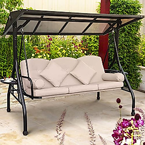 NOBLEMOOD Outdoor Porch Swing with Polycarbonate Hardtop, 3 Seat Patio Swing with Convertible Backrest, 2 Side Cup Holder, Thickened Cushion, 4 Pillows for Adult, Garden, Lawn