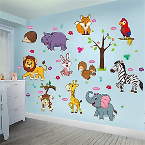 Animal Wall Sticker Cartoon Baby Children DIY Art Decal Self-Adhesive Wallpaper Mural Decorate for Living Room TV Sofa Background Bedroom Kids Room Nursery
