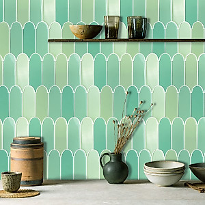 FARONZE Peel and Stick Mosaic Sticker Kitchen Backsplash Tiles, Bathroom Wall Sticker 12" x 12" Green Arch Shape Design (Light Green Mixed)
