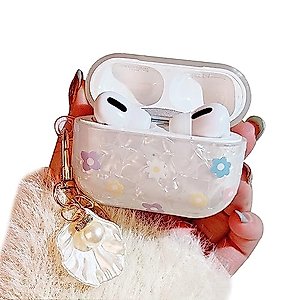 PHOEACC Cute Airpod Pro 2 Case (2022) Flower with Glitter Shell Pearl Keychain Marble Hard TPU Protective Cover Compatible with AirPods Pro 2nd Generation Case for Girls Teens Women (Floral White)