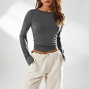 Women's Y2k Long Sleeve T-Shirts Vintage Low Cut Tee Tops Fairy Grunge Slim Fit Blouse Streetwear(Skinny Grey,Small)