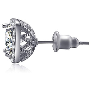 Quinlivan Duo 2 Pairs Premium Halo Stud Earrings 10mm, Round Princess Cut Cubic Zirconia Earrings Sets Lightweight for Women, Girls (white gold)