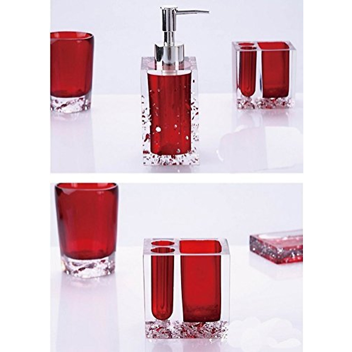 AMSS 5 Piece Stunning Bathroom Accessories Set in Crystal Like Acrylic Tumbler Dispenser Soap Dish Cups,Red
