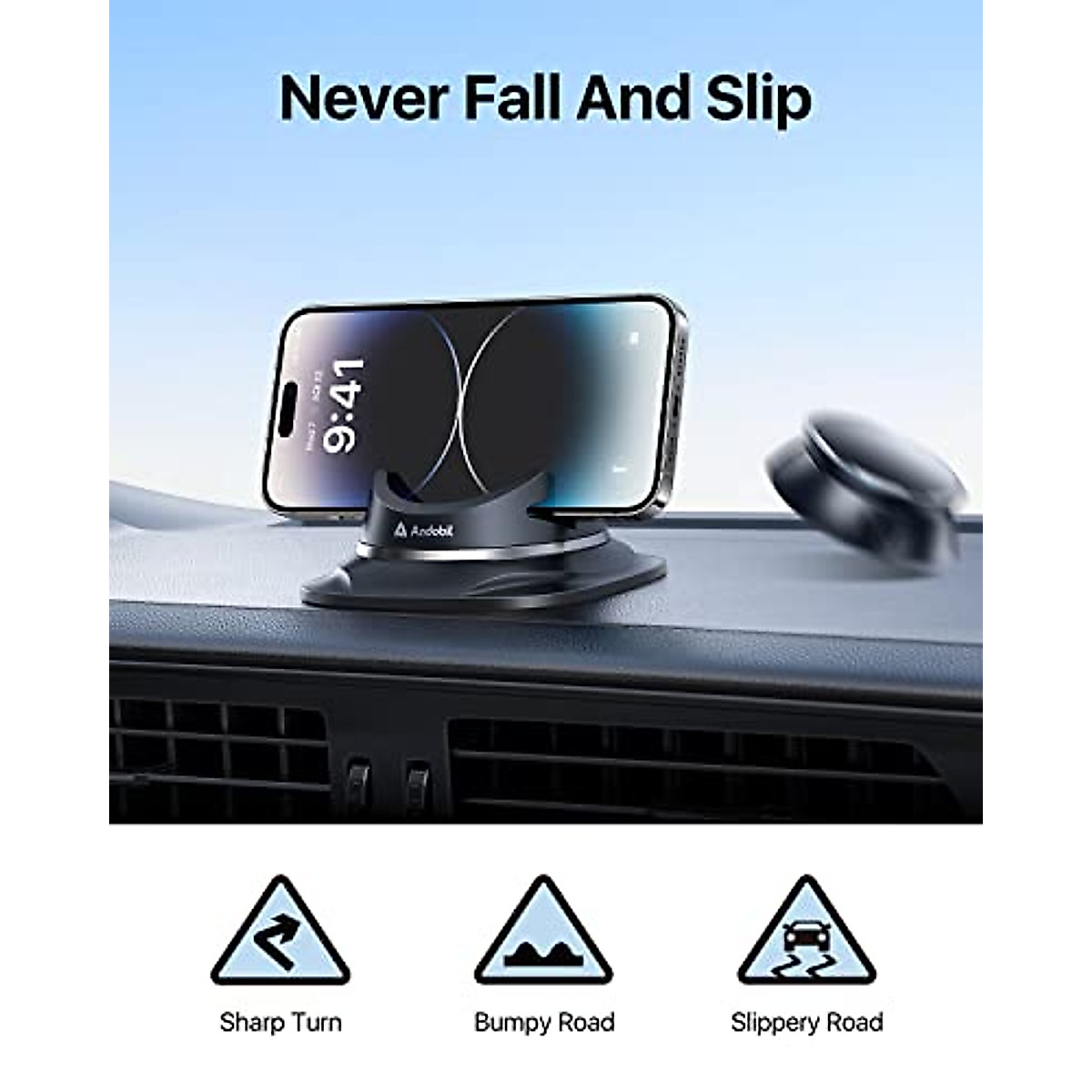 andobil 2023 Upgraded Dashboard Phone Holder Car, [ Ultra Steady, Never Slip ] Reusable Silicone Phone Mount for Car, 360°Rotatable,Compatible for iPhone, Samsung, Smartphone, GPS