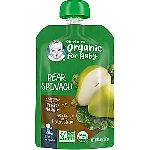 Gerber Organic for Baby 2nd Foods Baby Food Pouch, Pear Spinach, USDA Organic & Non-GMO Pureed Baby Food Pouch for Sitters, 3.5-Ounce Pouch (Pack of 6)