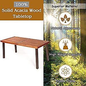 Giantex Patio Dining Table with Umbrella Hole, Outdoor Picnic Table for Backyard, Garden, Lawn, Farmhouse, Acacia Wood Rectangular Table with Metal Legs, Rustic Brown