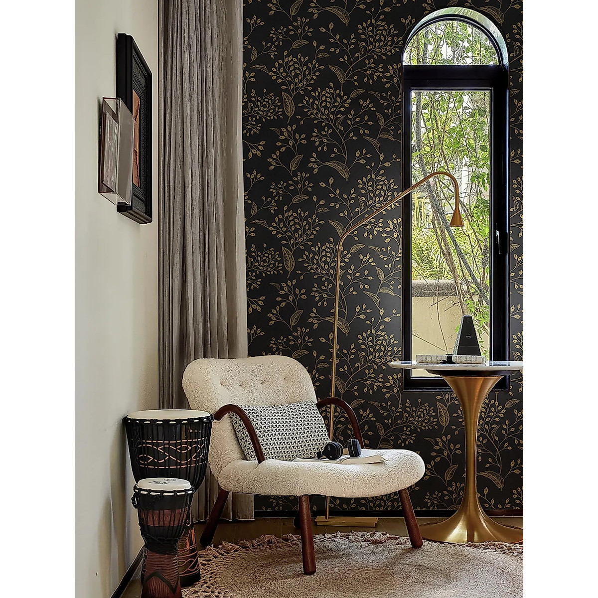 Heroad Brand Peel and Stick Wallpaper 196"x17.3" Black and Gold Wallpaper Boho Peel and Stick Wallpaper Floral Contact Paper Leaf Removable Wallpaper Self Adhesive for Cabinets Shelf Liner Vinyl Roll