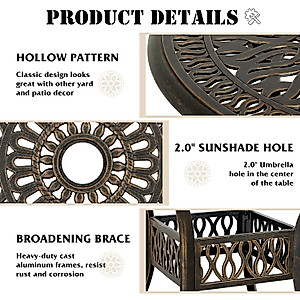 MAIBH Outdoor 5 Piece Cast Aluminum Bistro Set, Patio Table and Swivel Rocker Chairs Set of 4, Metal Patio Furniture Set with Umbrella Hole (35.4''Dia x 29.5''H, Lotus Pattern B) (Red)