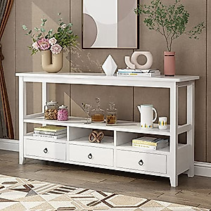 Karl home Console Table with 3 Bottom Drawers, Sofa Side Table Entryway Desk with 3 Storage Cubbies 1 Open Shelf, Vintage TV Stand for Hallway Living Room Office, White 29.9" H
