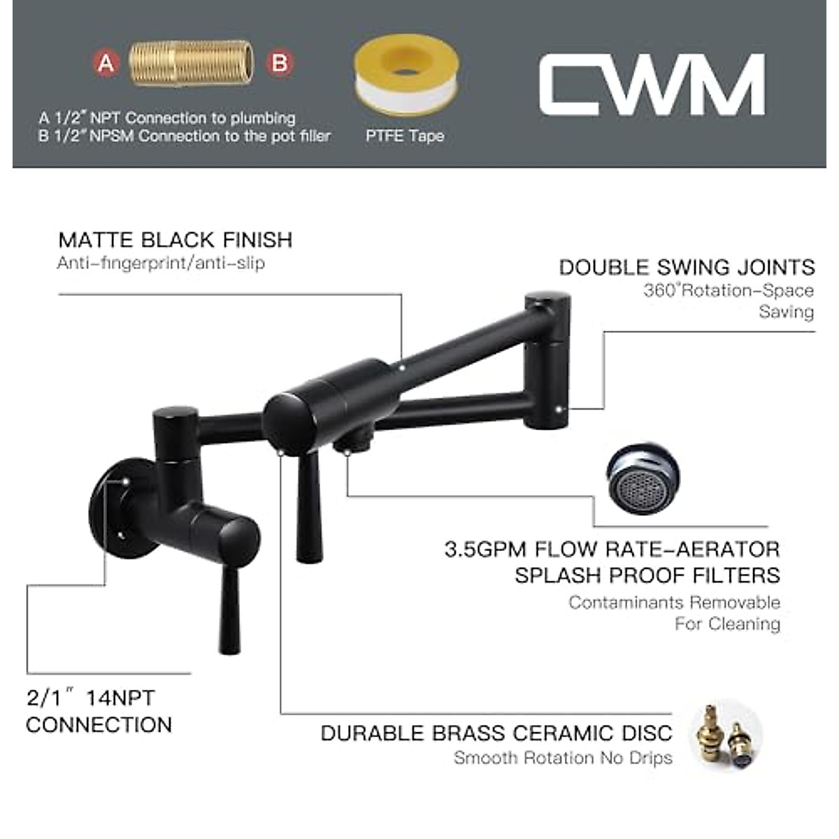 IMLEZON Pot Filler Faucet Stainless Steel Commercial Wall Mount Kitchen Sink Faucet Folding Stretchable with Single Hole Two Handles Black