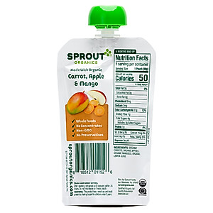 Sprout Organic Baby Food, Stage 2 Pouches, Fruit & Veggie Blend, Carrot Apple Mango, 3.5 Oz Purees (Pack of 12)