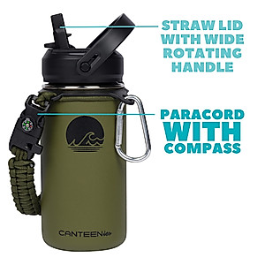 Canteenies Kids Water Bottle for School, 14 Oz, Straw Lid, Stickers, Scrunchie, Vacuum Insulated Stainless Steel Double Walled, BPA Free Food-Safe, Leak-Proof Tumbler Travel Cup For Boys