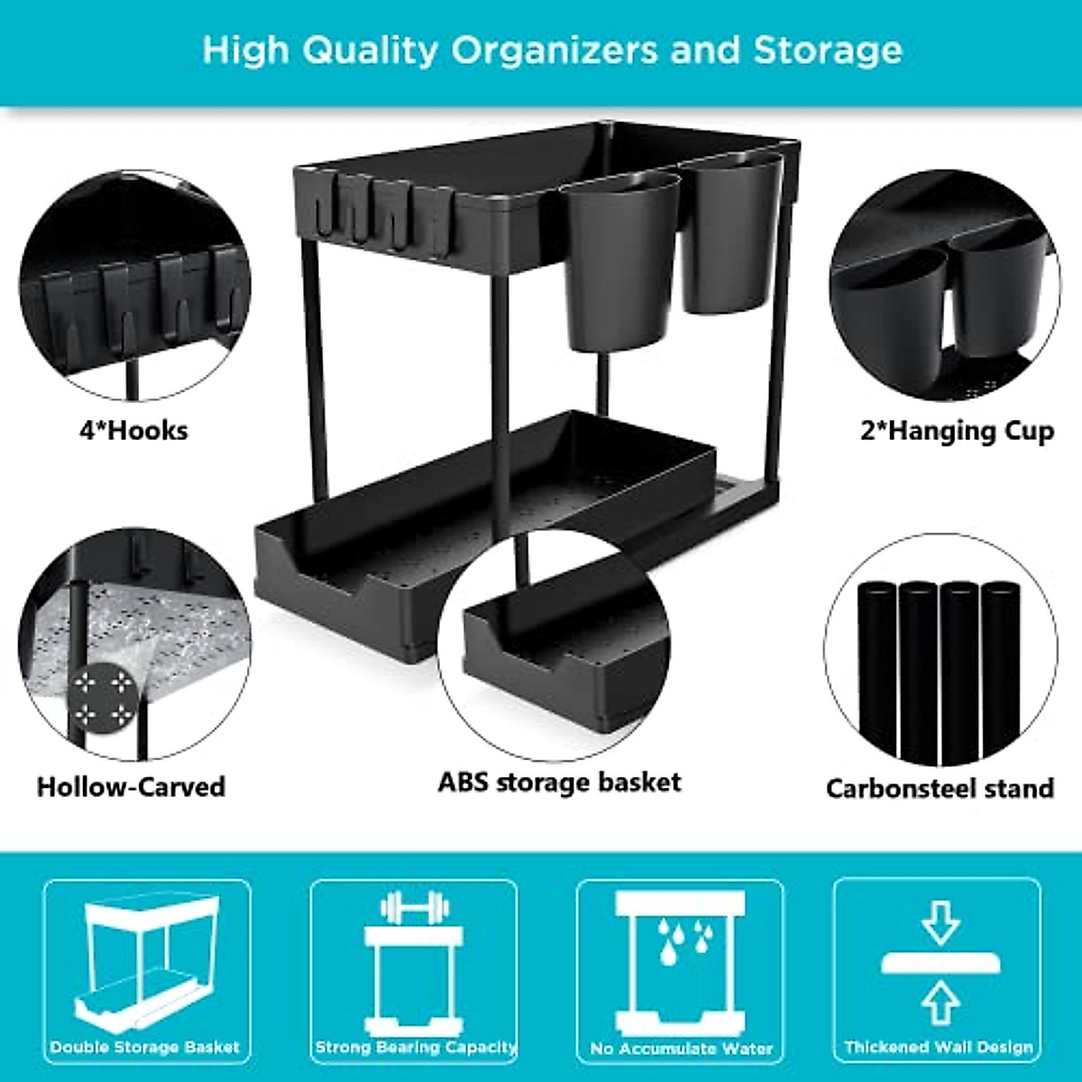 2 Pcs 2-Tier Under Sink Organizers and Storage with Bottom Pull Out Drawers, Towels Hooks and Hanging Cups, Bathroom/Kitchen Multipurpose Miscellaneous Supplies Organization And Storage Rack