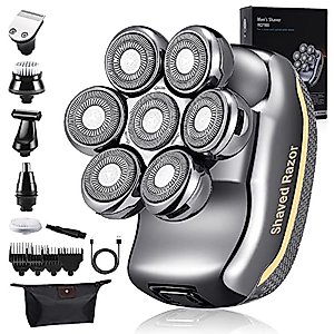 Men's Electric Head Shaver Razor - Rechargeable Cordless Head Shaving Razors for Bald Man 6 in 1 Waterproof Wet Dry Hair Cutting Shavers Beard Trimmer Grooming Kit 7 Rotary Heads