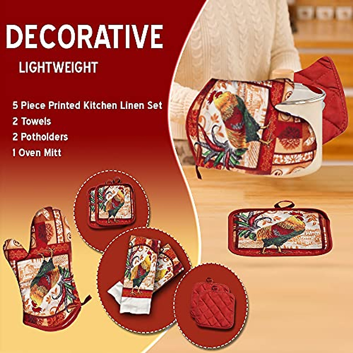 Farm Rooster Kitchen Decor Linen Set Includes 2 Dish Towel 2 Pot Holders 1 Oven Mitt | Kitchen Towel Set For Cooking, Baking, Housewarming and Kitchen Decoration (Set of 5 Piece)
