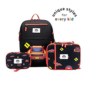 uninni Race Car Kids Backpack Set for Age 6+, fits for height 3'9" above kids with Lightweight Insulated Lunch Bag and Cute Pencil Case for Boys and Girls