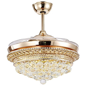 JSDTAN 42" Modern Crystal Ceiling Fan Chandelier, LED 3 Color Remote Control Retractable Invisible Blades 3 Speeds Indoor Ceiling Light Kits with Fans for Decorate Living Room Dining Room(Gold)