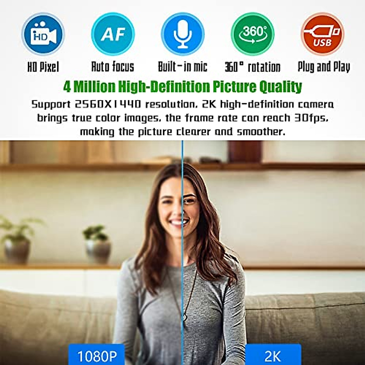 2K HD Webcam, Full HD Webcam with Microphone, 360° Adjustable & AF, with Privacy Cover, Plug and Play, USB Computer Camera for Conferencing, Video Calling, Game Live