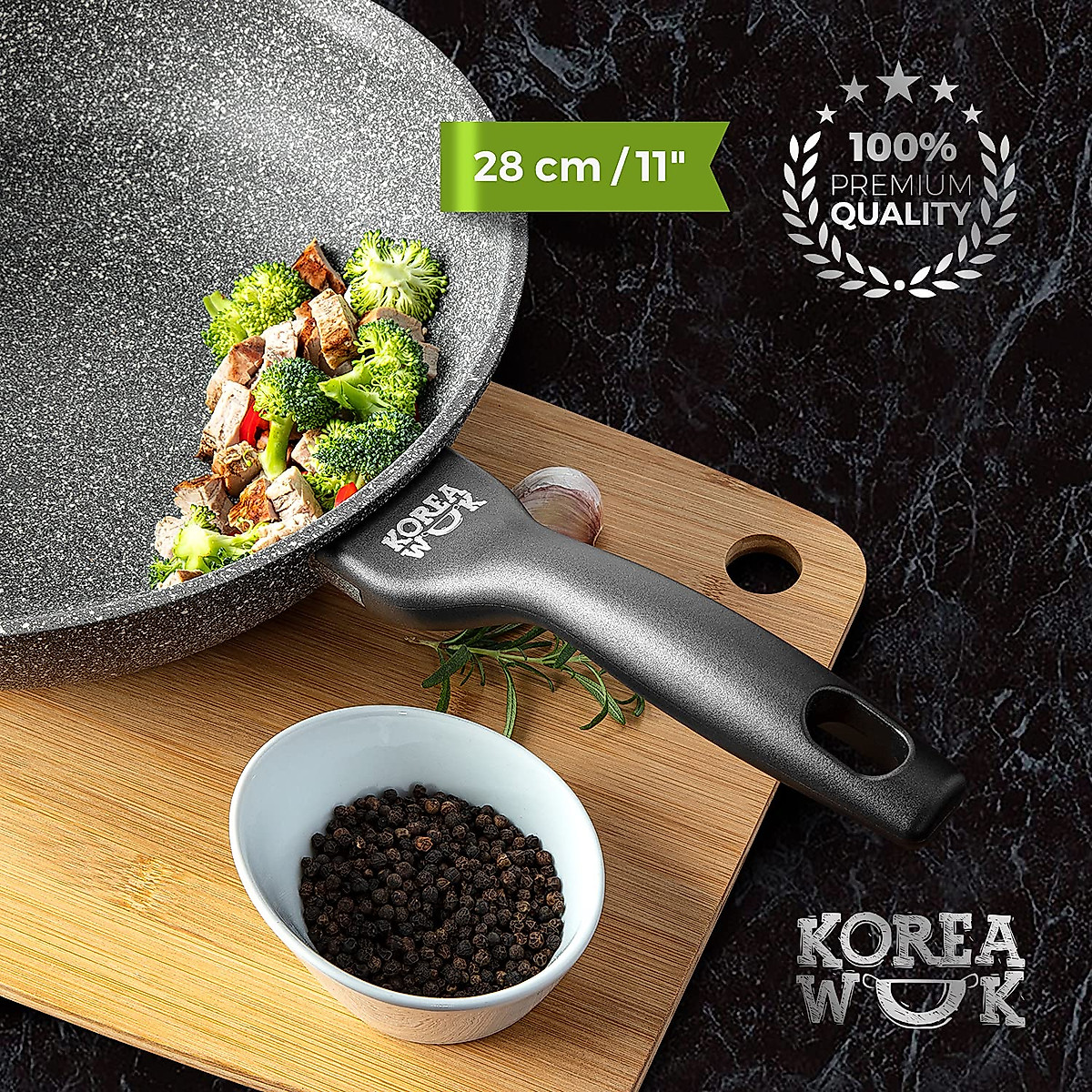 Wok Nonstick - Flat Bottom, Cast Aluminum Stir Fry Pan Non-Scratch Coating for Cooking, Boiling, Sautee, Steam - Ideal for Gas, Electric, Induction & Ceramic Stoves (11 inch Wok)
