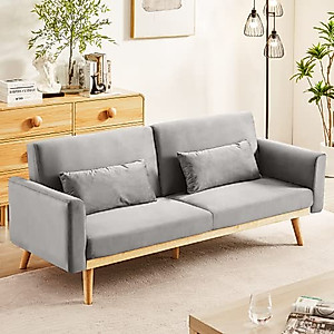 Lamerge Velvet Sleeper Couch with Pillows & Wooden Frame, Upholstered Modern Folding Futon Sofa Bed, Lounge Memory Foam Convertible Loveseat for Studio, APT, Dorm, Home Office (Gray)