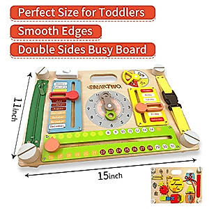 Smartwo Double-Sided Busy Board, 20+ Montessori Activities Wooden Sensory Toy for Preschool Educational Learning, Train Kid’s Fine Motor, Concentration, and Life Skill Abilities
