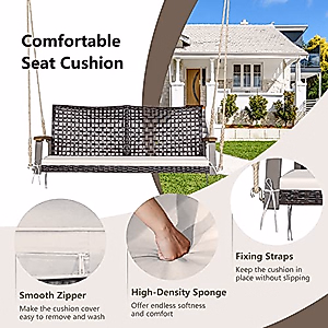 Tangkula 2 Person PE Wicker Porch Swing Bench, Outdoor Hanging Swing with Soft Seat Cushion and Hanging Ropes(Length of 118" for Each Chain), 800 LBS Weight Capacity (Off White)