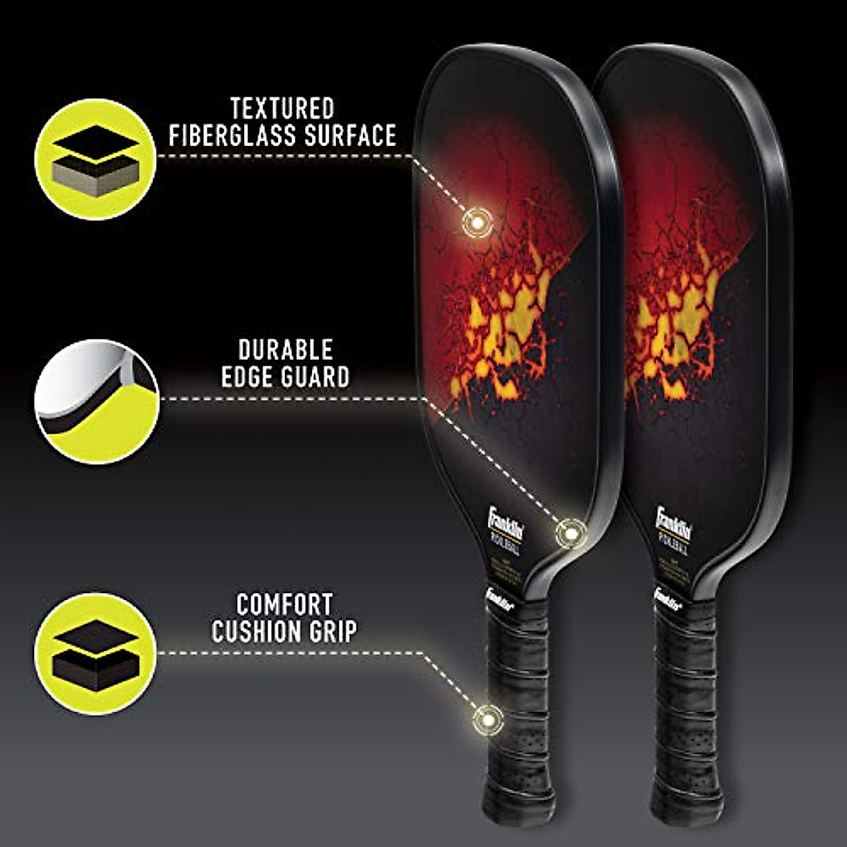 Franklin Sports Pickleball Paddle and Ball Set - (2) Fiberglass Pickleball Rackets + (4) X-40 Pickleballs - USA Pickleball (USAPA) Approved, Red/Yellow